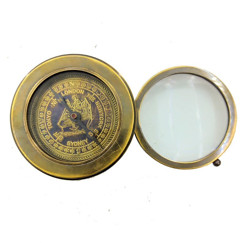 Brass Nautical Desktop Compass With Magnifying Glass Compass Back Side ...