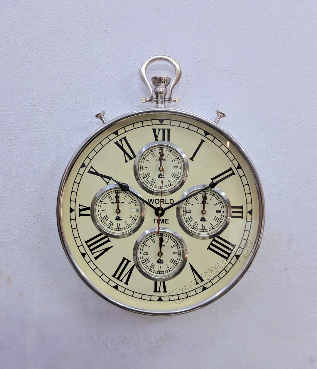 Round Large Metal World Timer Wall Clock With 5 Country Time Home Decor ...