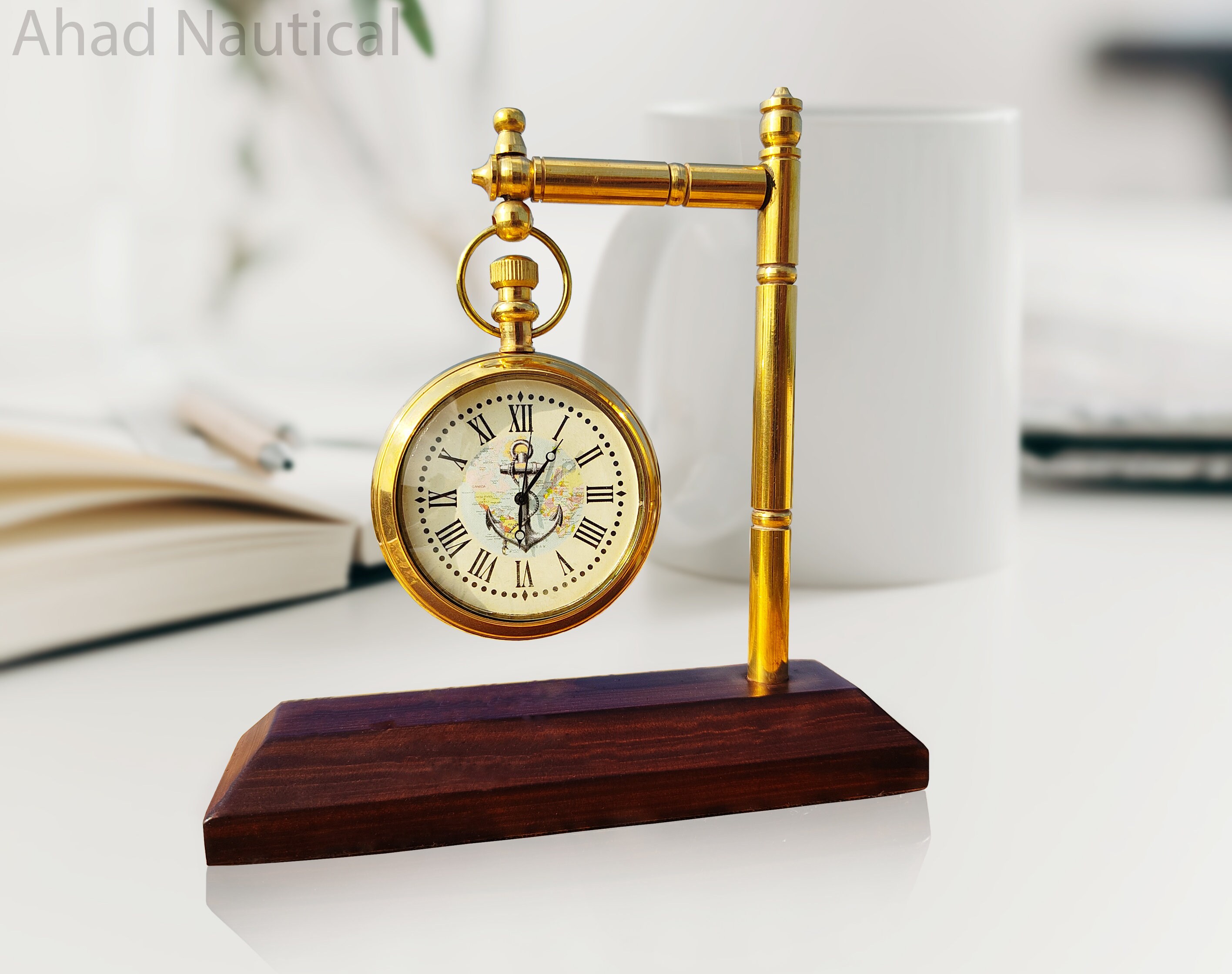 Brass Desk Clock With Wooden Base Desk Clock, Table Clock, Antique ...