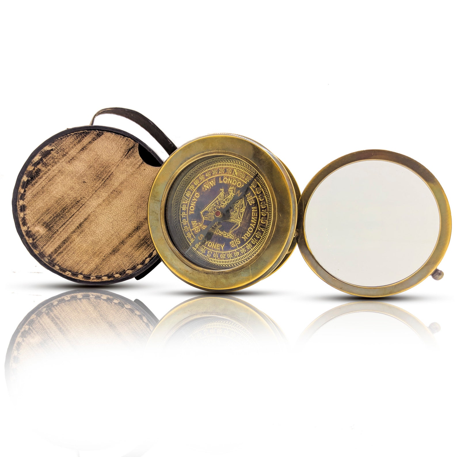 Brass Nautical Desktop Compass With Magnifying Glass Compass Back Side Design Beautiful Ethnic ...