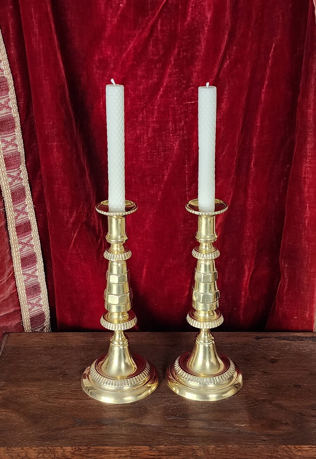 Victorian Brass Candlesticks Pair, Nut & Cog Design, 1850s Antique - Etsy