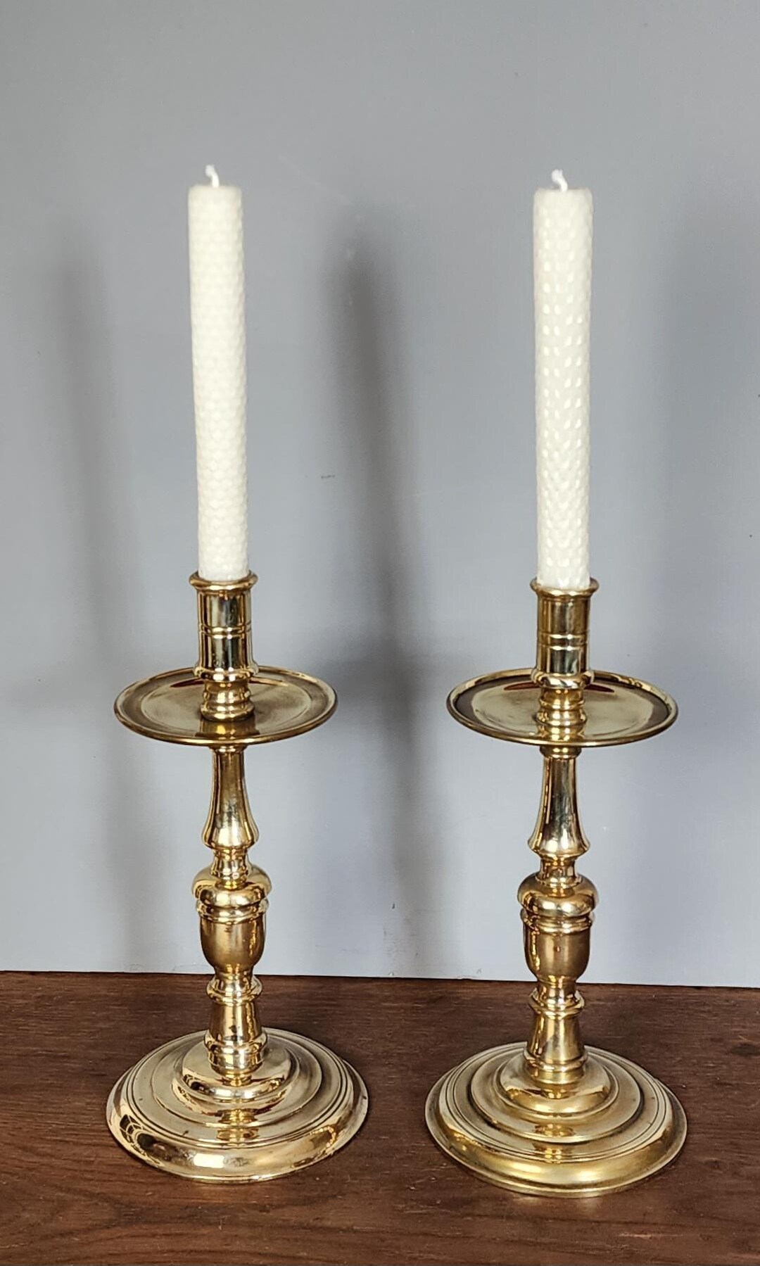 1950s A Pair of Tall High-quality Brass Candlesticks With Round Bases ...