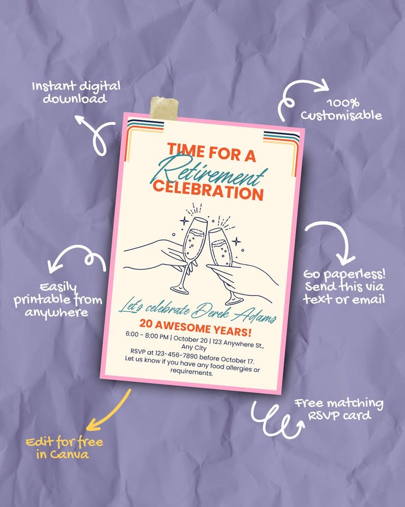 Retro Retirement Party Invitation: Cheersing Champagne (digital ...
