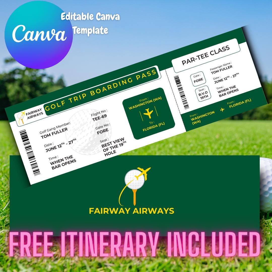 Golf Trip Boarding Pass Template | Lads Trip Invite | Editable Stag ...