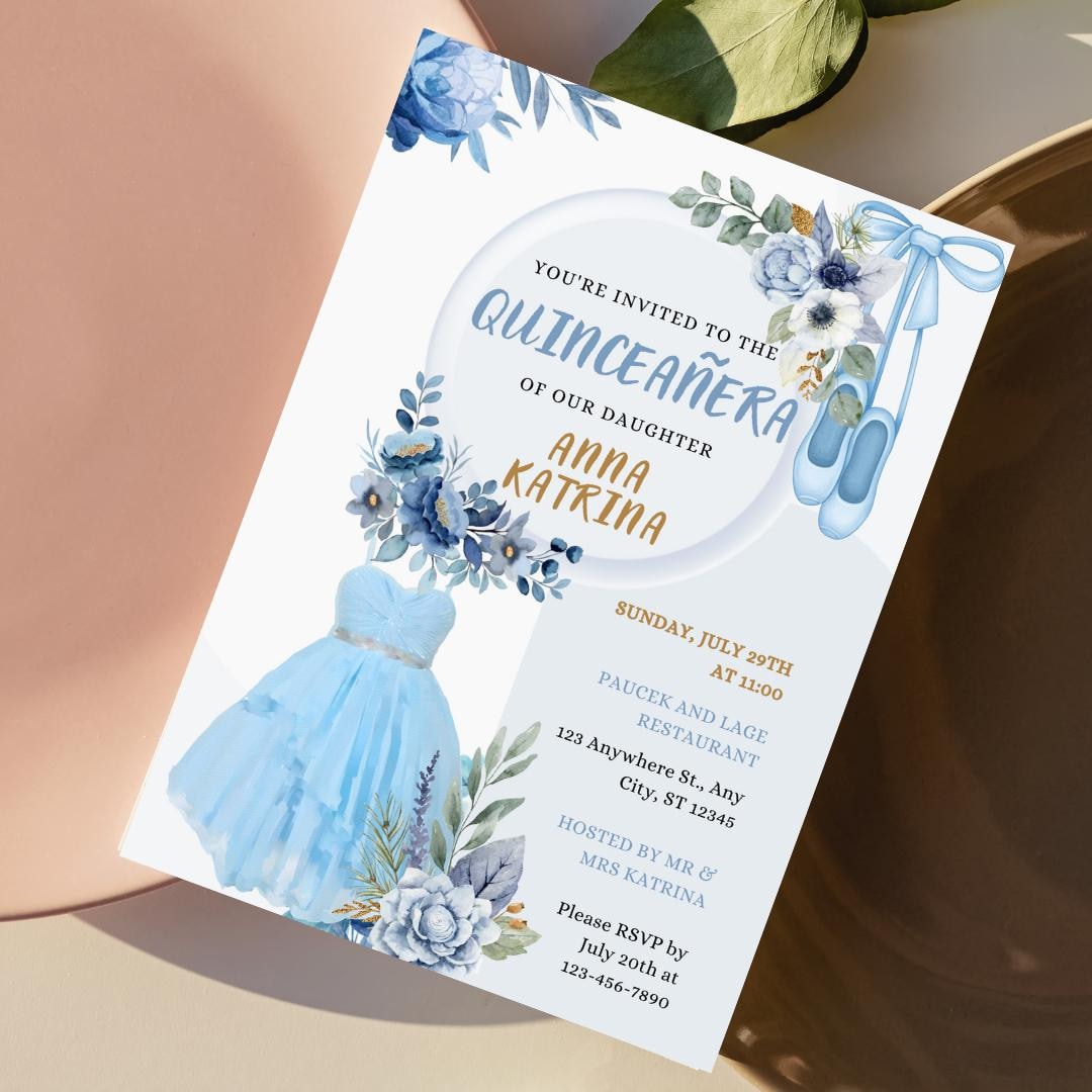 Light Blue Floral Quinceañera Invitation With RSVP (digital Download ...