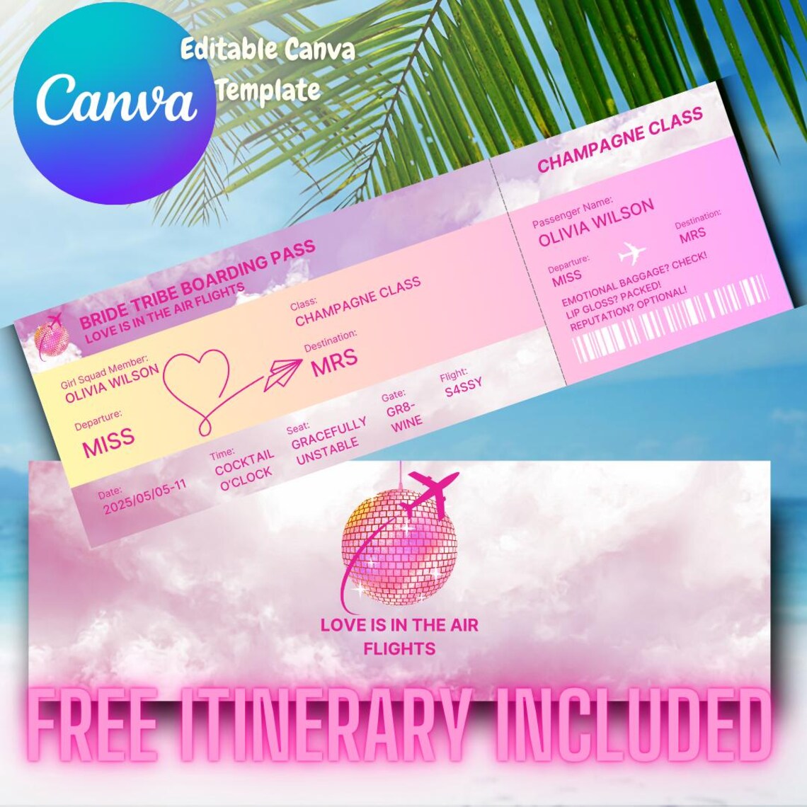 Hen Party Boarding Pass Template: Pink Bachelorette Invite (digital ...