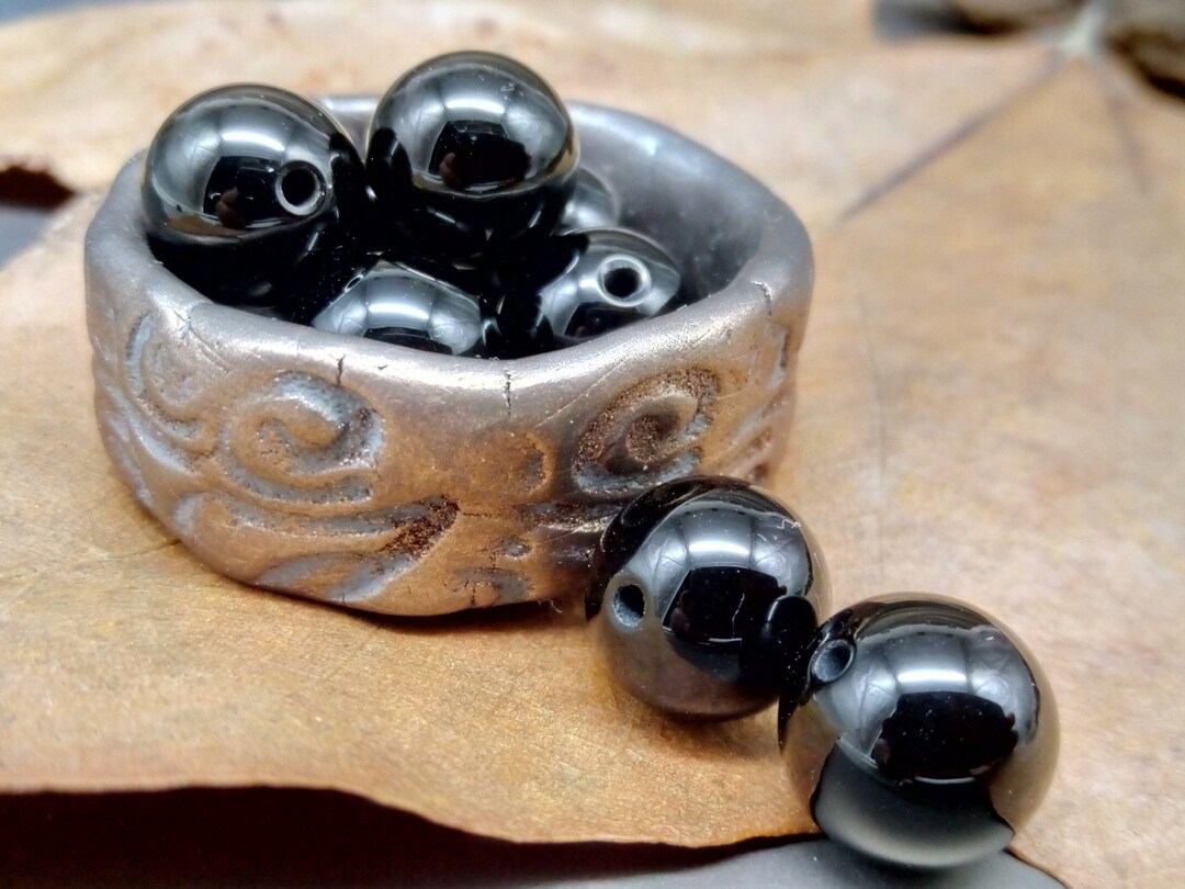 12 OBSIDIAN Beads 10 Mm Hole 1 Mm Black Stone Beads Polished Fine Ball ...
