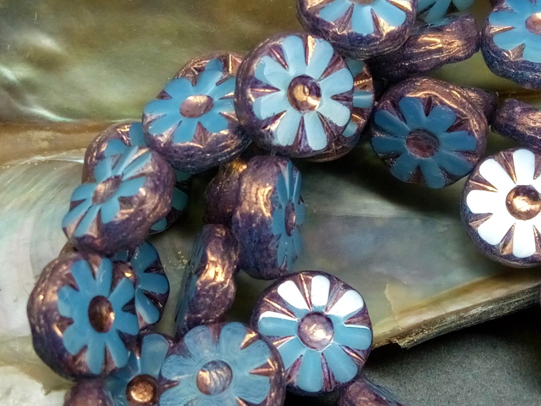 5 Daisy Flower Beads 13 Mm - Table Cut Opal Blue With Bronze - Daisies ...