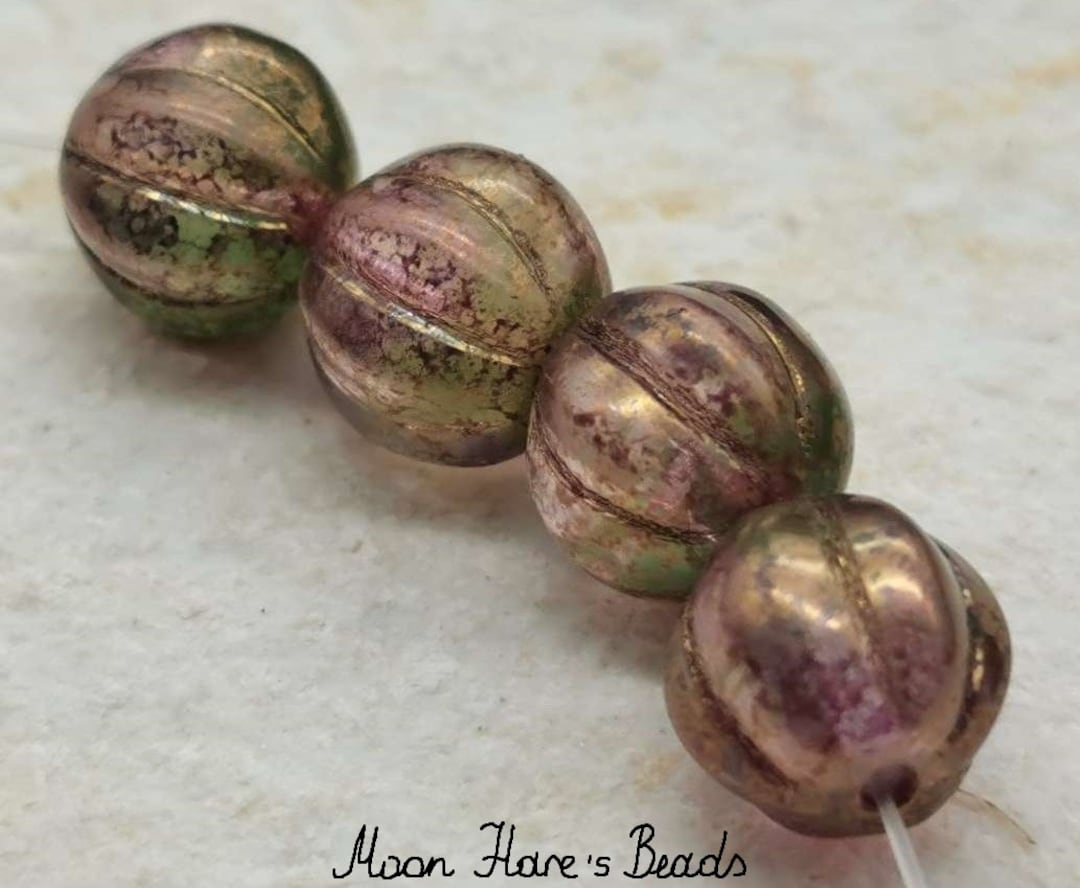 10 MELONS 8 Mm - Green and Clear Glass Combination With Purple Bronze ...