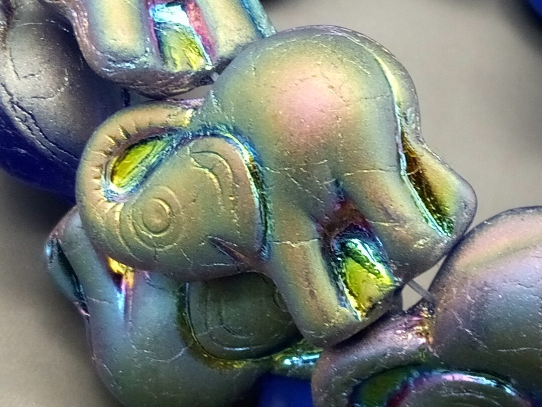 3 Bohemian Glass Beads Elephants 21 X 20 Mm Blue Matt Vitrail One Side ...