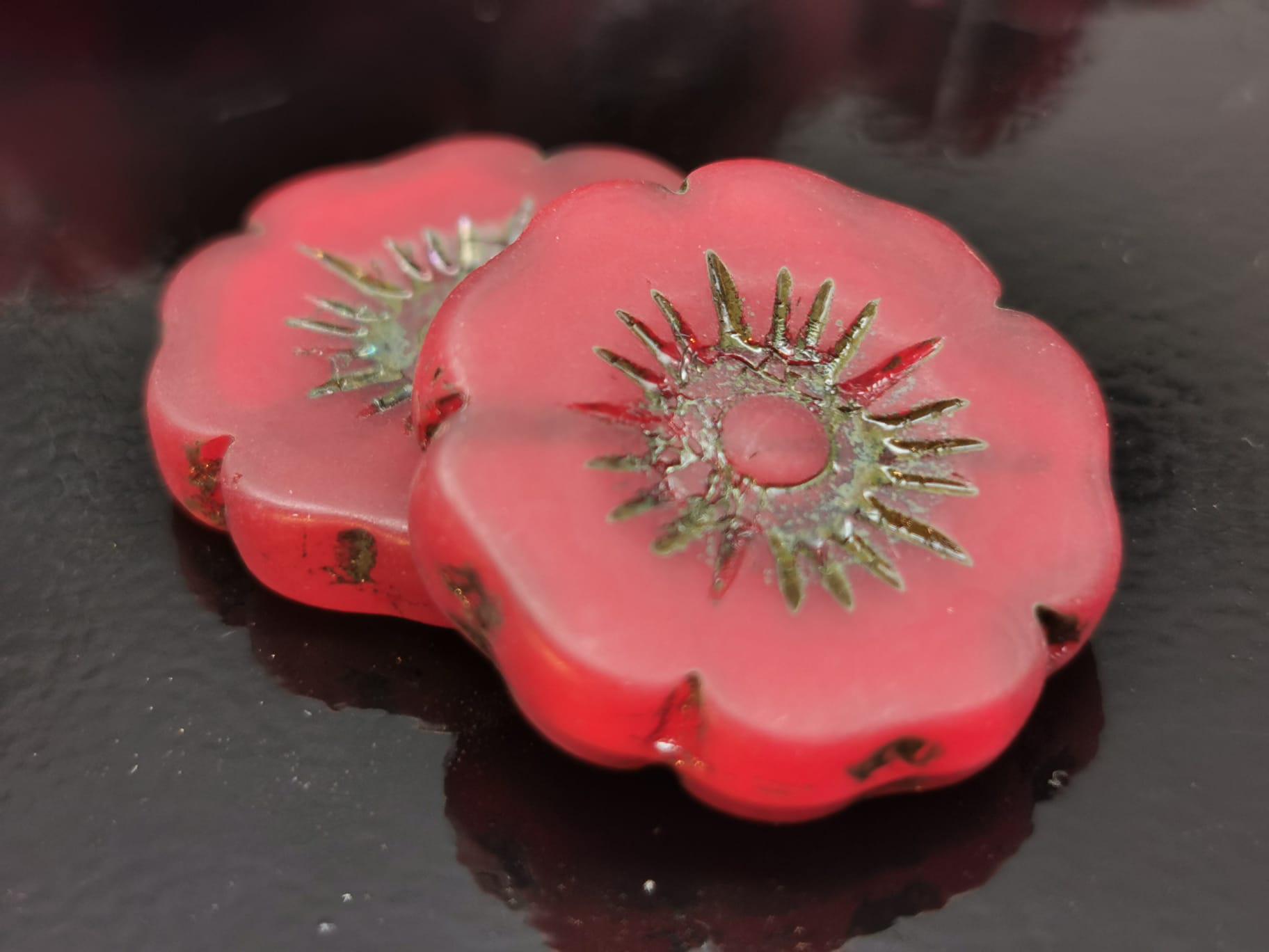 1 Hawaiian Flower Bead 22 Mm - Pressed - Deep Red Alabaster With ...