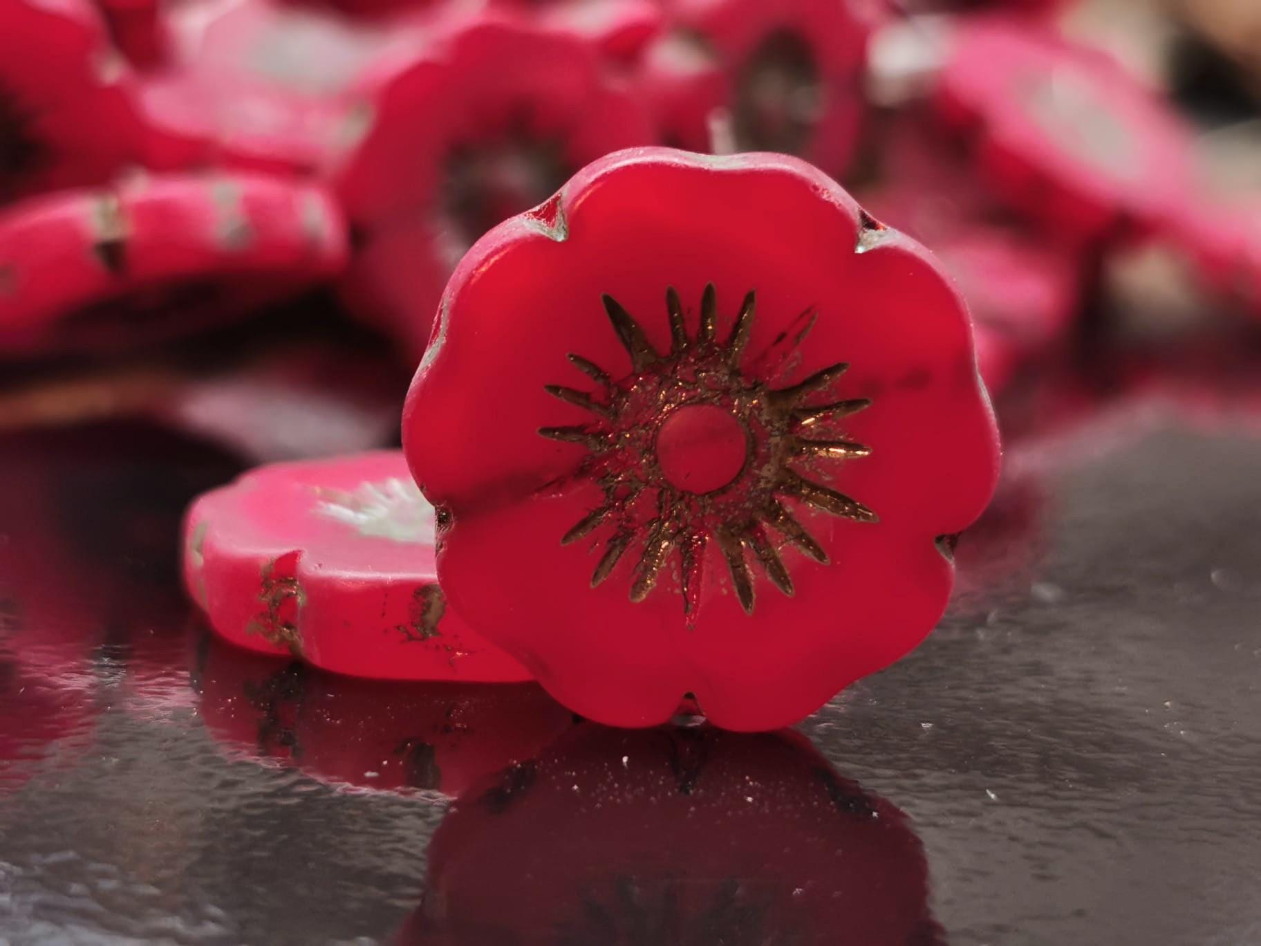 1 Hawaiian Flower Bead 22 Mm - Pressed - Deep Red Alabaster With ...