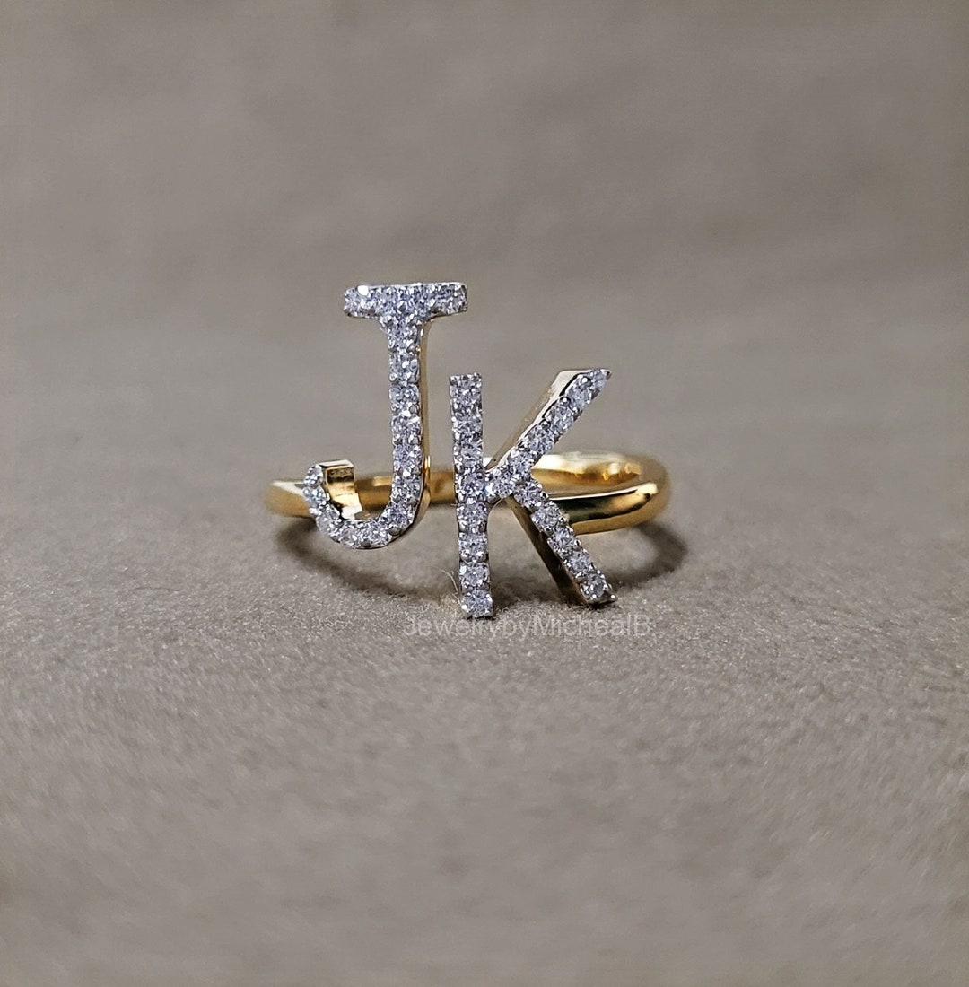 Personalized JK Initial Engagement Ring, 14K Yellow Gold Lab-grown ...