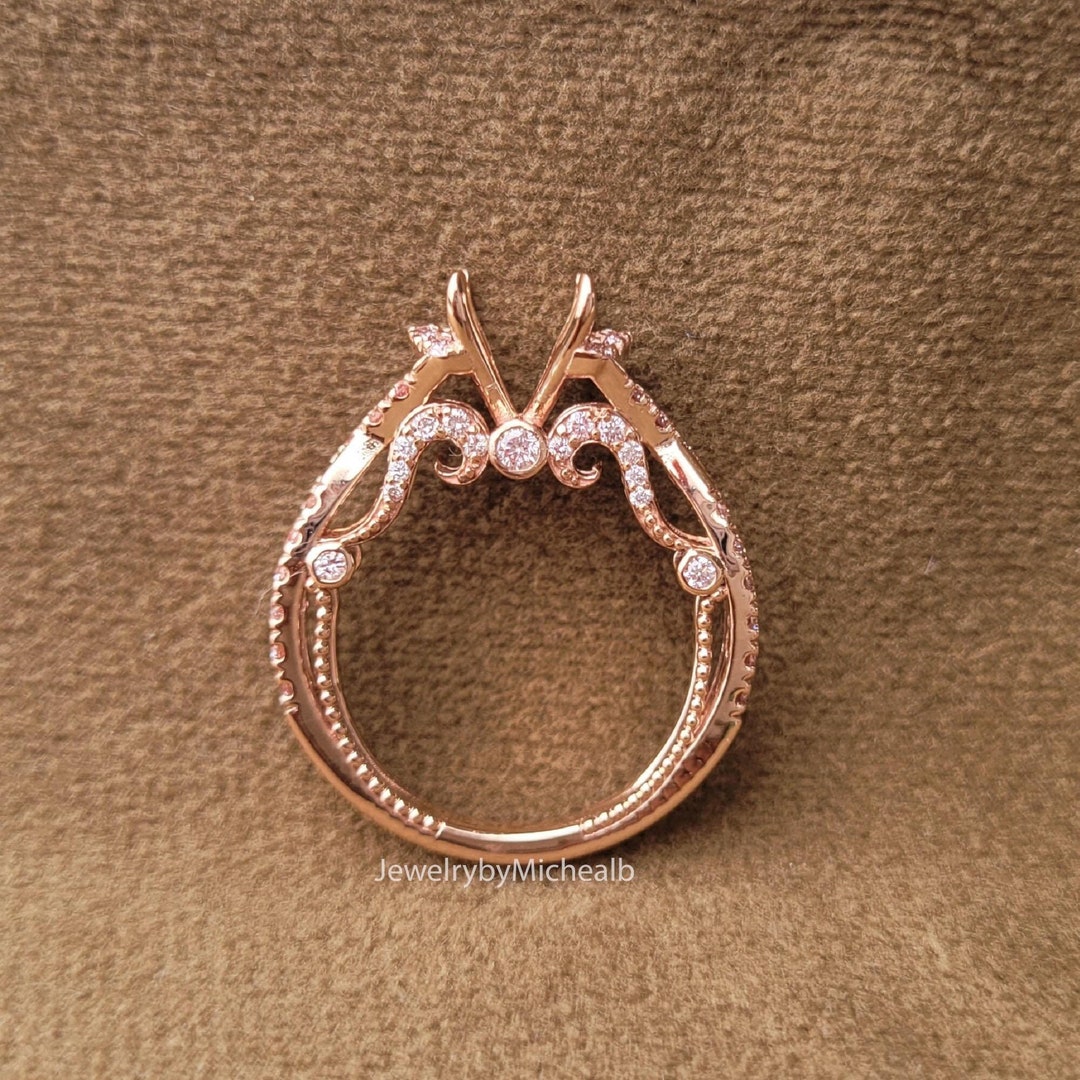 Semi Mount Ring, Accent Round Cut Lab Grown Diamond Wedding Ring, 14K Rose Gold, Vintage ...