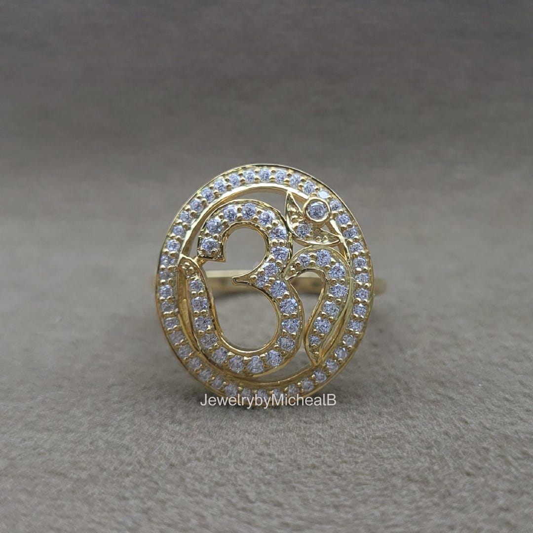 OM Diamond Ring, Round Cut Moissanite Halo Ring, 14K White Gold ...