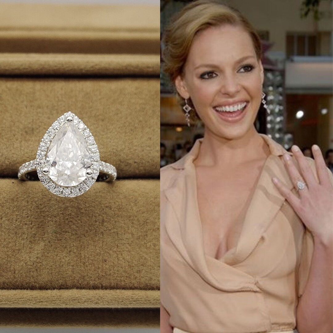 As Katherine Heigl Halo Ring, 3.62 TCW Pear Cut Moissanite Ring, 14K ...