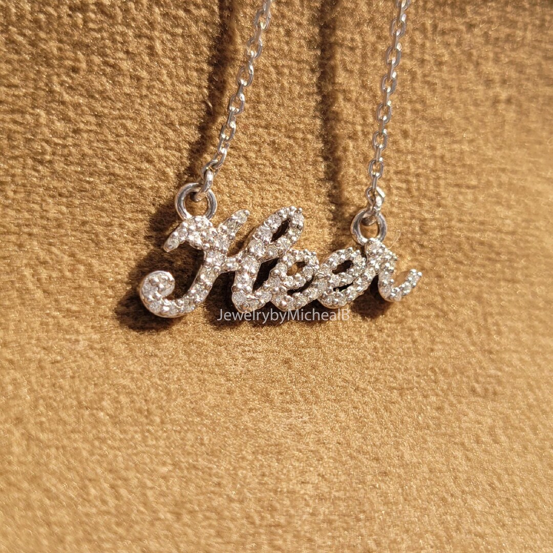 Round Cut Lab Grown Diamond HEER Name Pendant, 14k White Gold Dainty ...