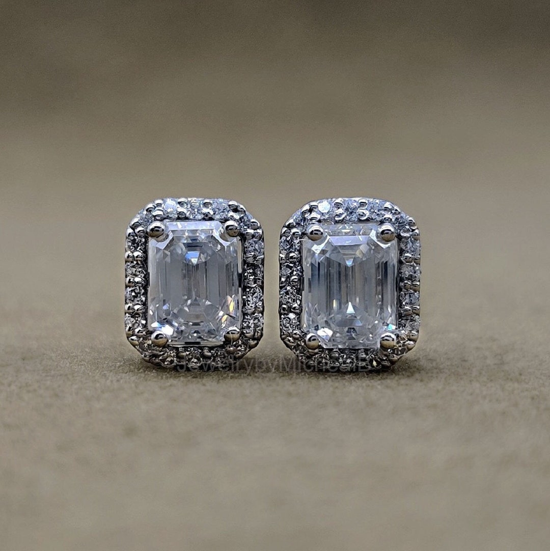 Emerald Cut Moissanite Halo Wedding Earrings, 14K White Gold Vintage ...