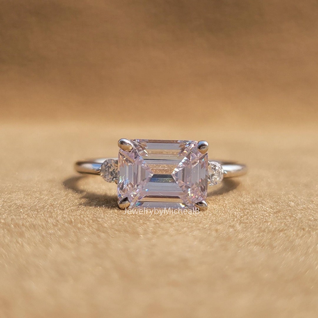 East West Emerald Cut Ring, Emerald Moissanite Engagement Ring, 14K ...