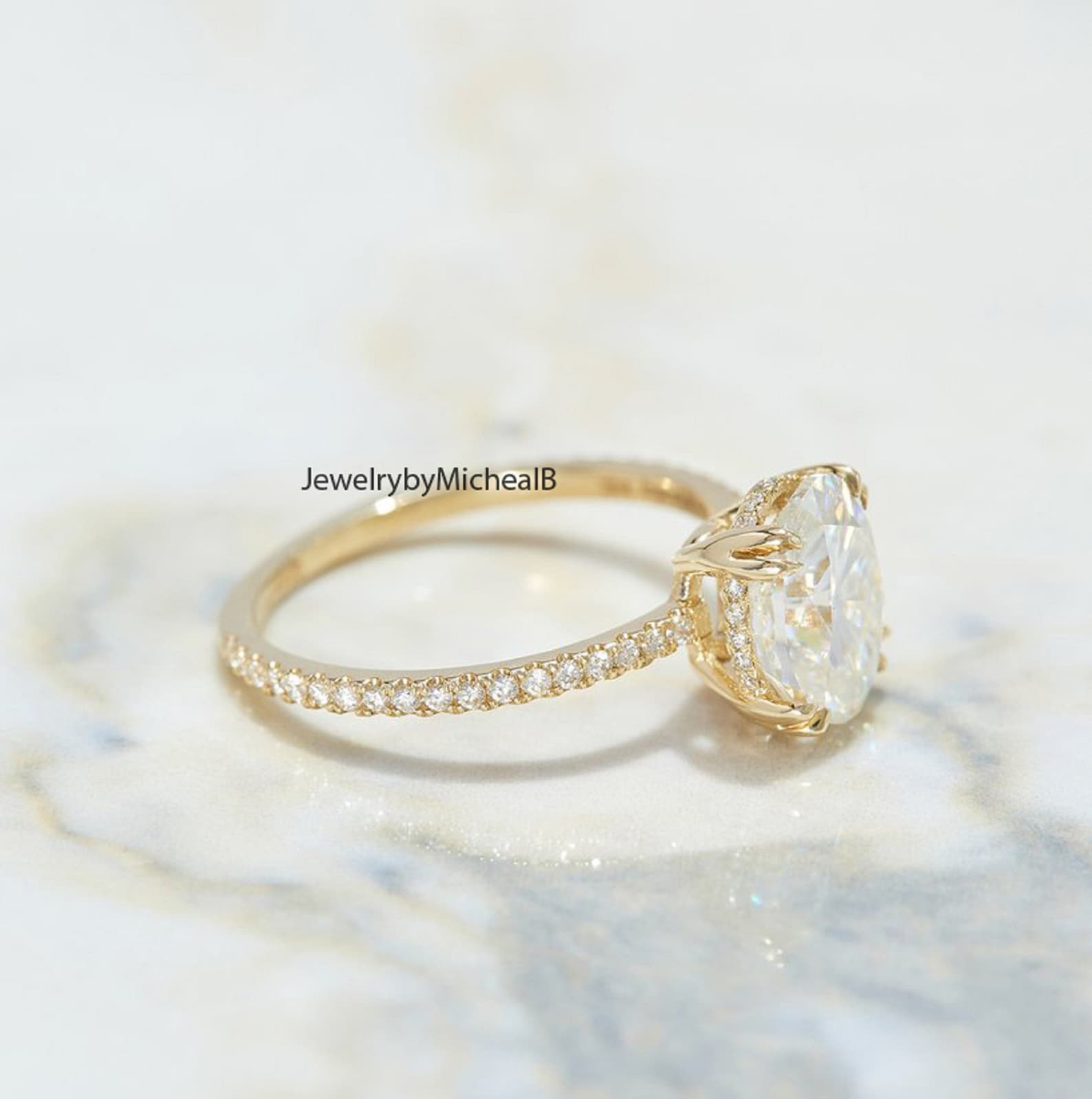 Hidden Halo Yellow Gold Engagement Ring 2 Ct Oval Moissanite Etsy