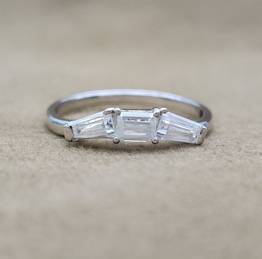 Three Stone Baguette & Tapered Baguette Colorless Moissanite Stacking ...