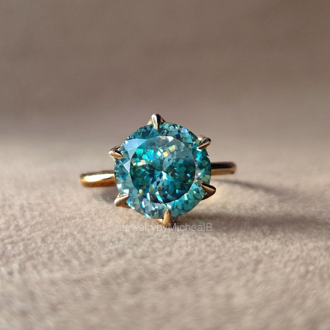 Antique 10 MM Portuguese Cut Cyan Blue Moissanite Engagement Ring ...