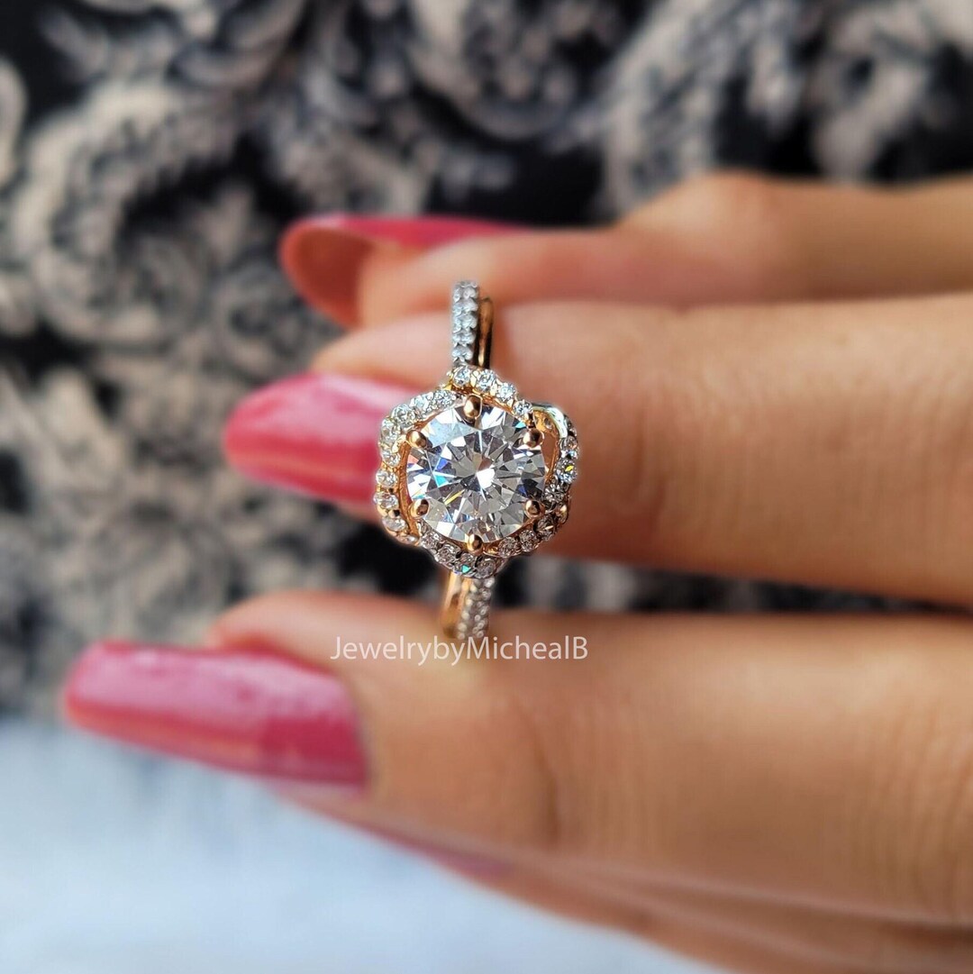 Unique Rose Shaped Ring Vintage Round Cut Engagement Ring 14k Gold ...