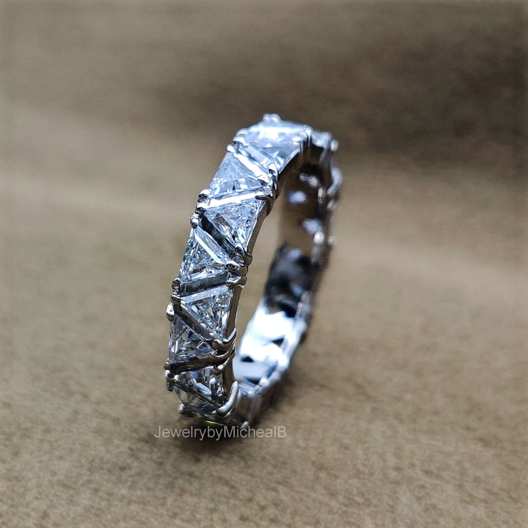 4 Mm Triangle Cut Ring, Moissanite Band, White Gold, Bar Set Triangle ...