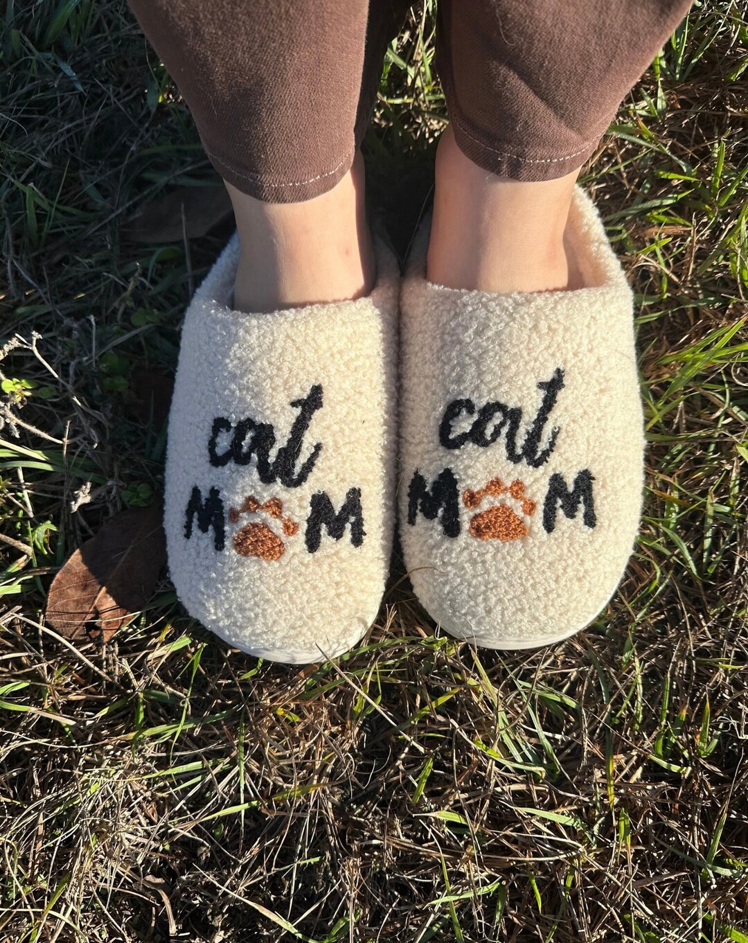 Cat Mom L Cat Lover Brown Black & White Fluffy Slippers - Etsy