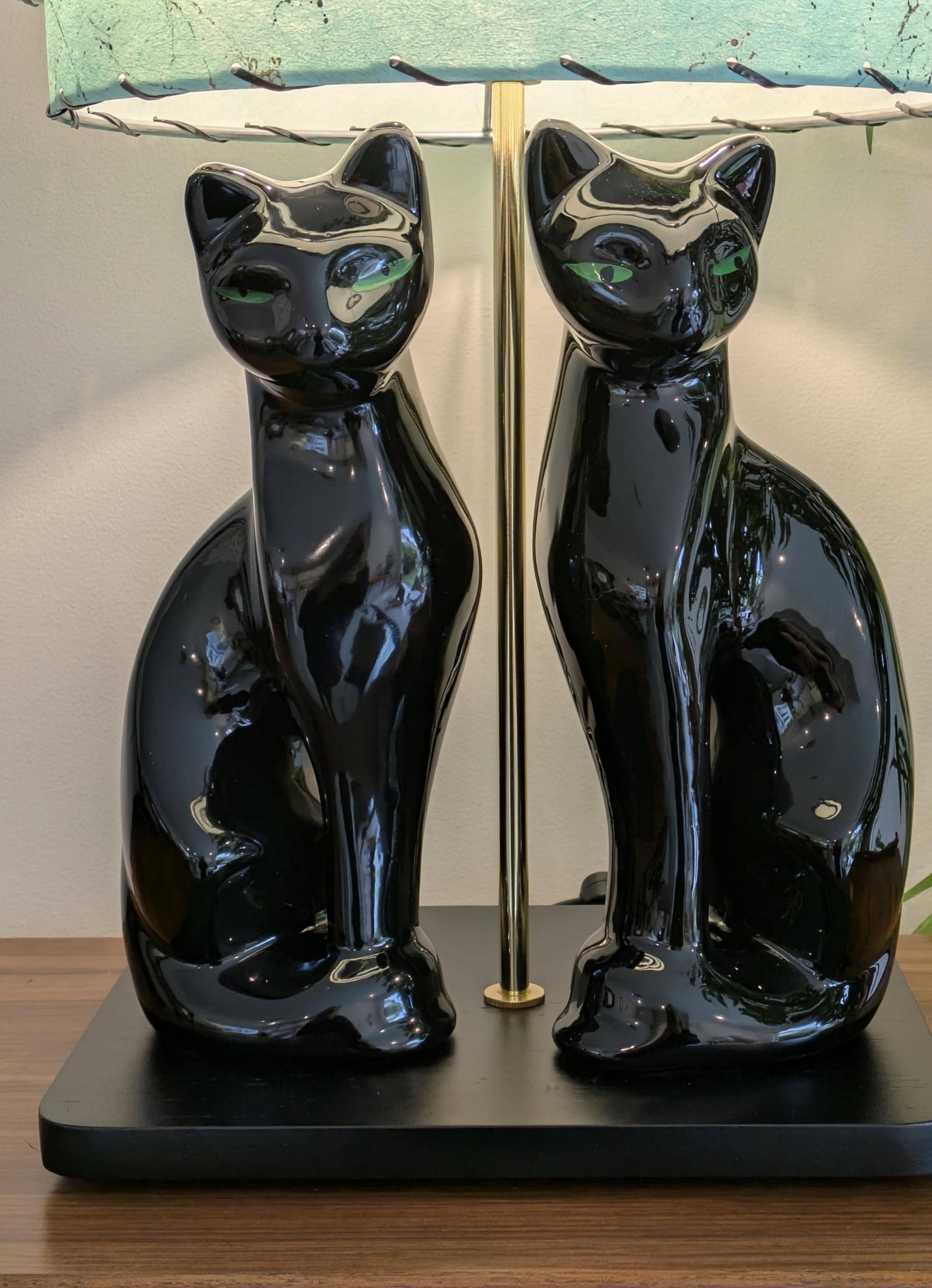 Twin 1970s Mid Century Black Cat Lamp With Seafoam and Ivory Fiberglass ...