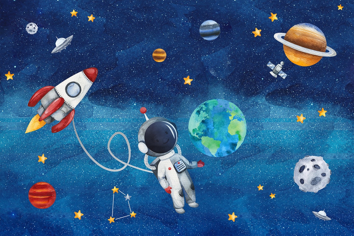 Kids Space Wallpaper Astronaut and Meteorplanetearth Wall - Etsy