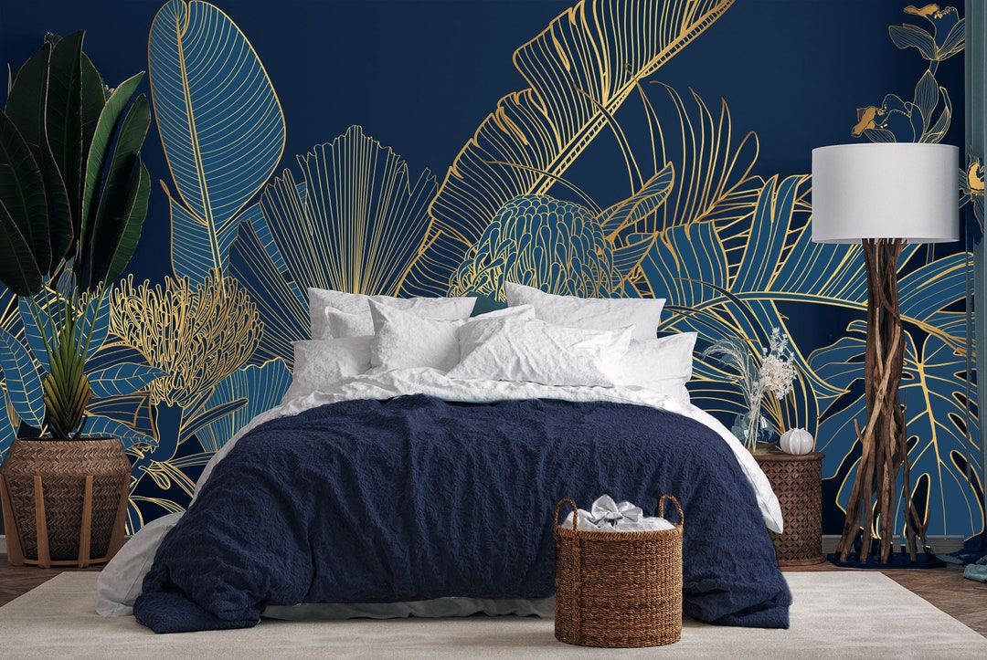 Navy Botanical Wallpaper: Gold Line Art, Exotic Leaf Design (peel and ...