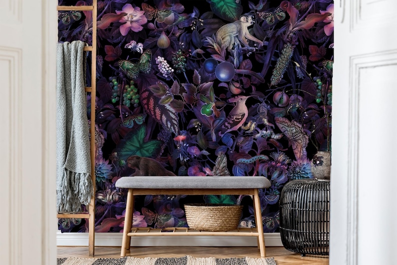 Dark Purple Jungle Wallpaper • Exotic Monkeys & Birds • Peel and Stick ...