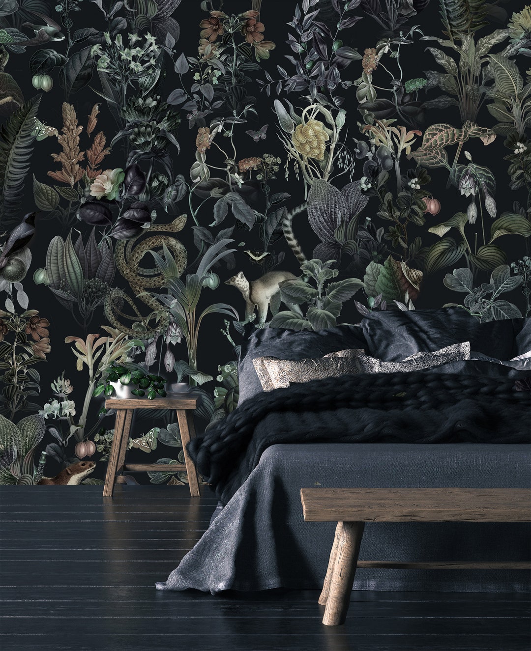 Exotic Animals Dark Botanical Wallpaper Colorful Forest Mural With ...