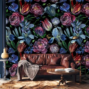 Dark Floral Wallpaper,rose Wallpaper,removable Mural,peel and Stick ...