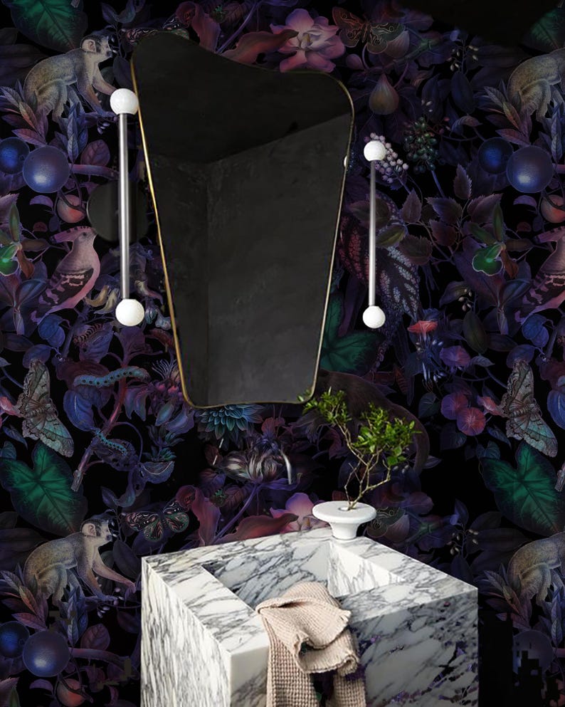 Dark Purple Jungle Wallpaper • Exotic Monkeys & Birds • Peel and Stick ...