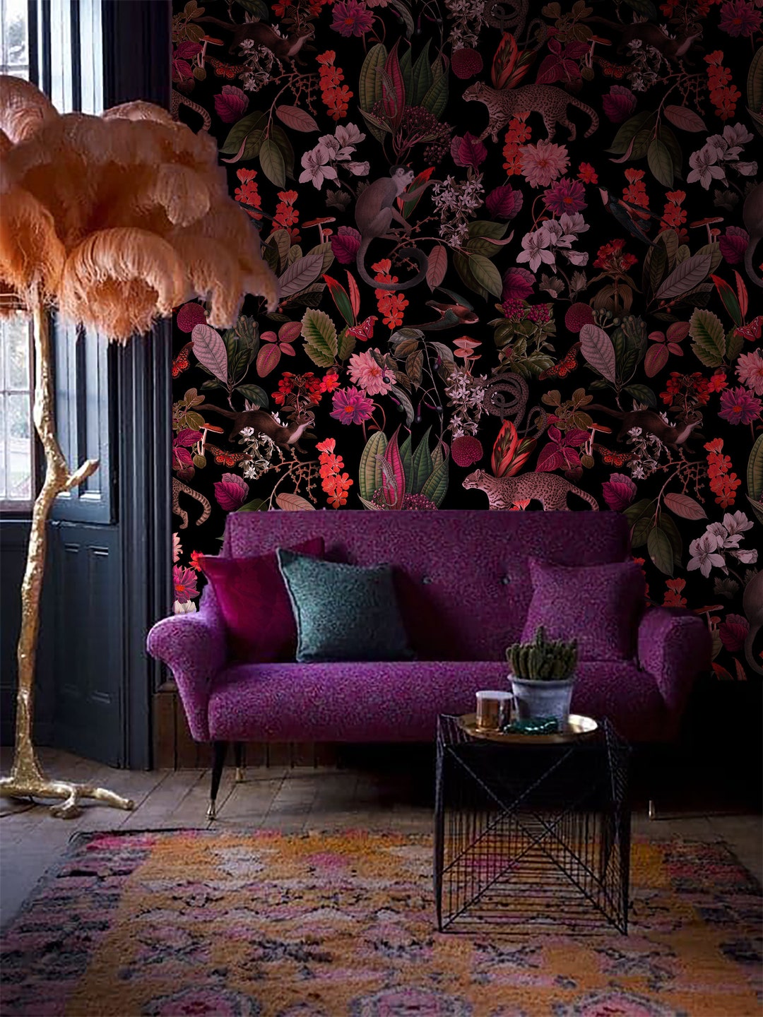 Dark Botanic Wallpaper: Pink Forest Animals, Removable Vinyl - Etsy