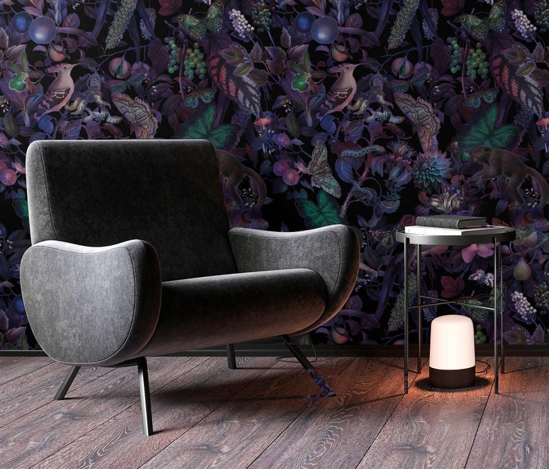 Dark Purple Jungle Wallpaper • Exotic Monkeys & Birds • Peel and Stick ...