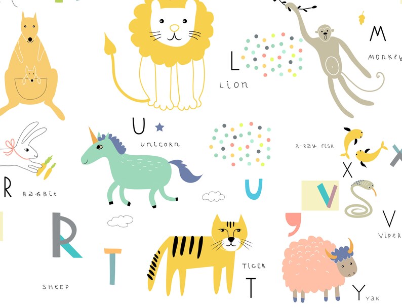 Animal Alphabet Nursery Wallpaper • Kids Learning ABC • Peel and Stick ...