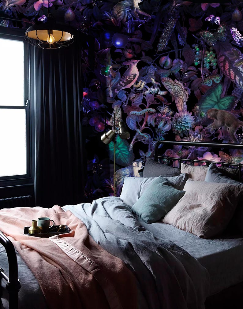Dark Purple Jungle Wallpaper • Exotic Monkeys & Birds • Peel and Stick ...
