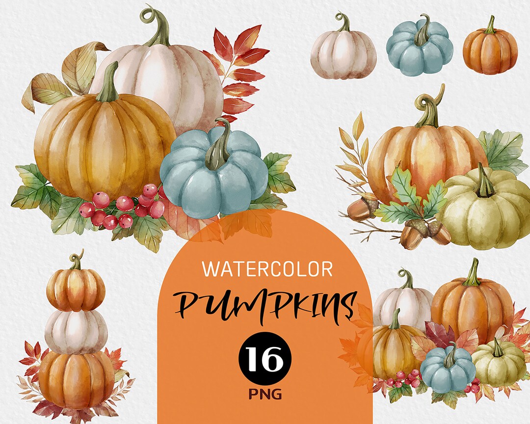 Watercolor Pumpkin, Pumpkin Clipart, Pumpkin Watercolor, Leaves Clipart ...