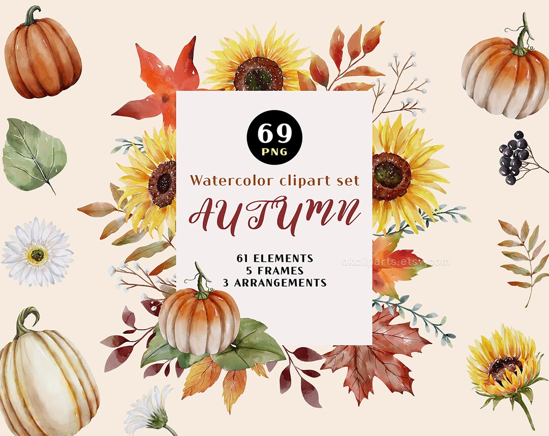 Watercolor Fall Clipart Set: Pumpkins, Leaves, Sunflowers (PNG) - Etsy