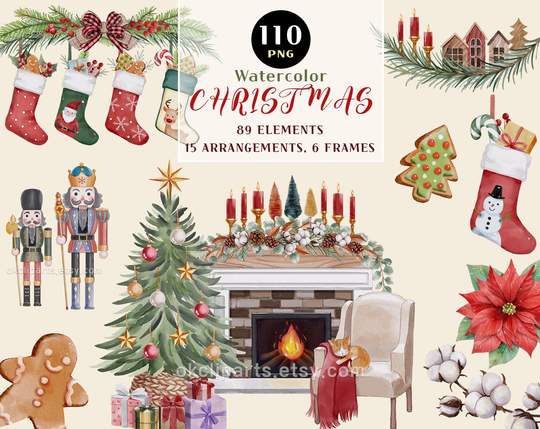 Boho Christmas Clipart, Watercolor Christmas, Stocking Clipart ...