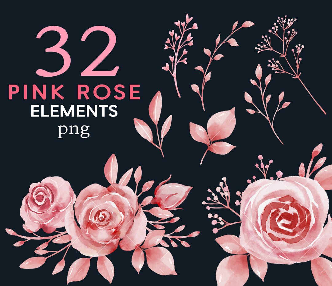 Pink Rose Elements, Watercolor Flowers Bouquets Clipart, Boho Valentine ...