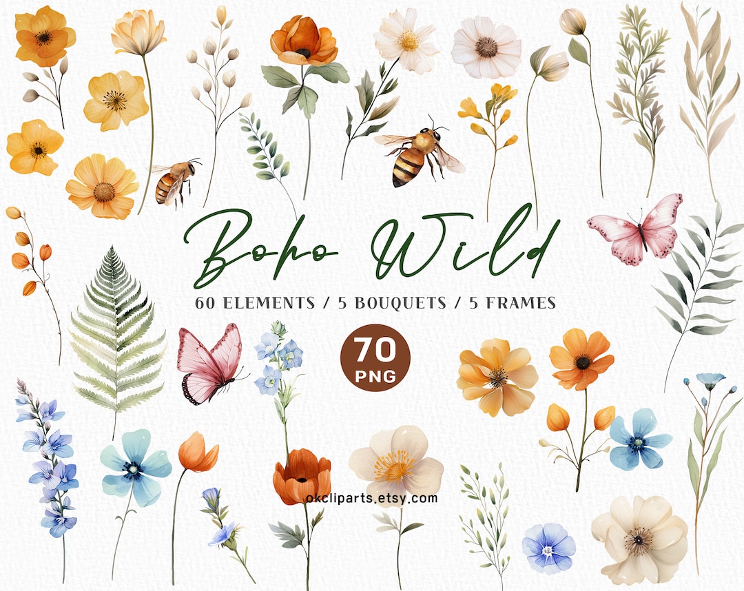 Boho Wild Flowers PNG, Watercolor Wild Flower Bundle, Watercolor Flower ...