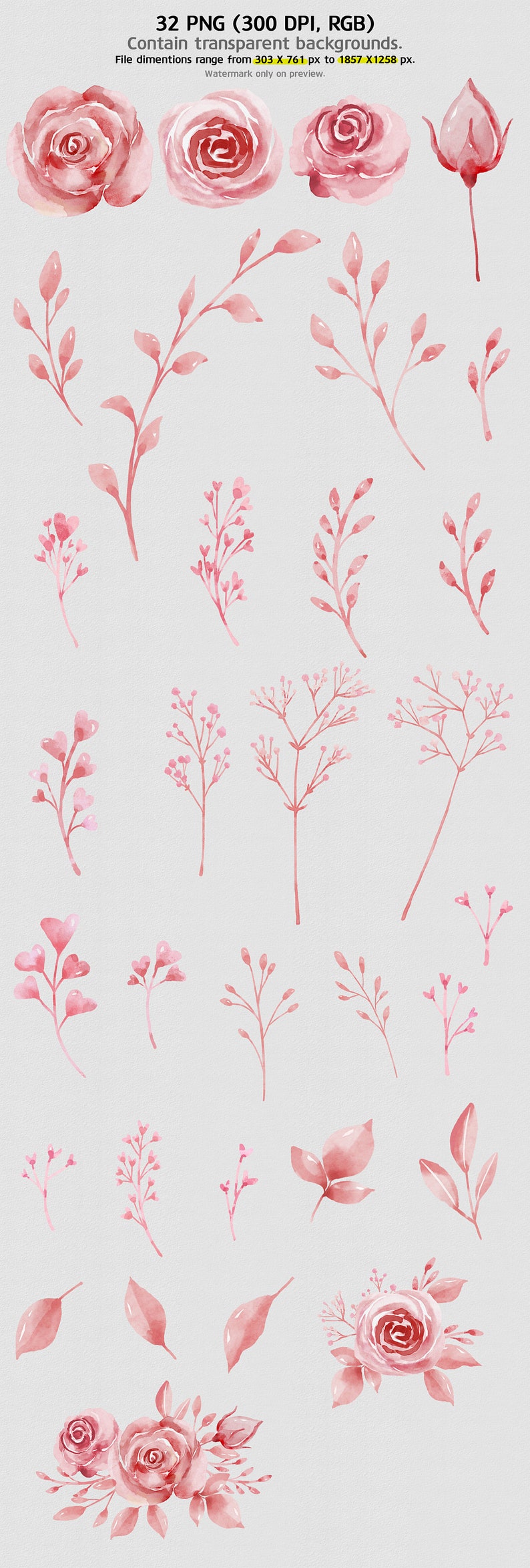 Pink Rose Elements, Watercolor Flowers Bouquets Clipart, Boho Valentine ...