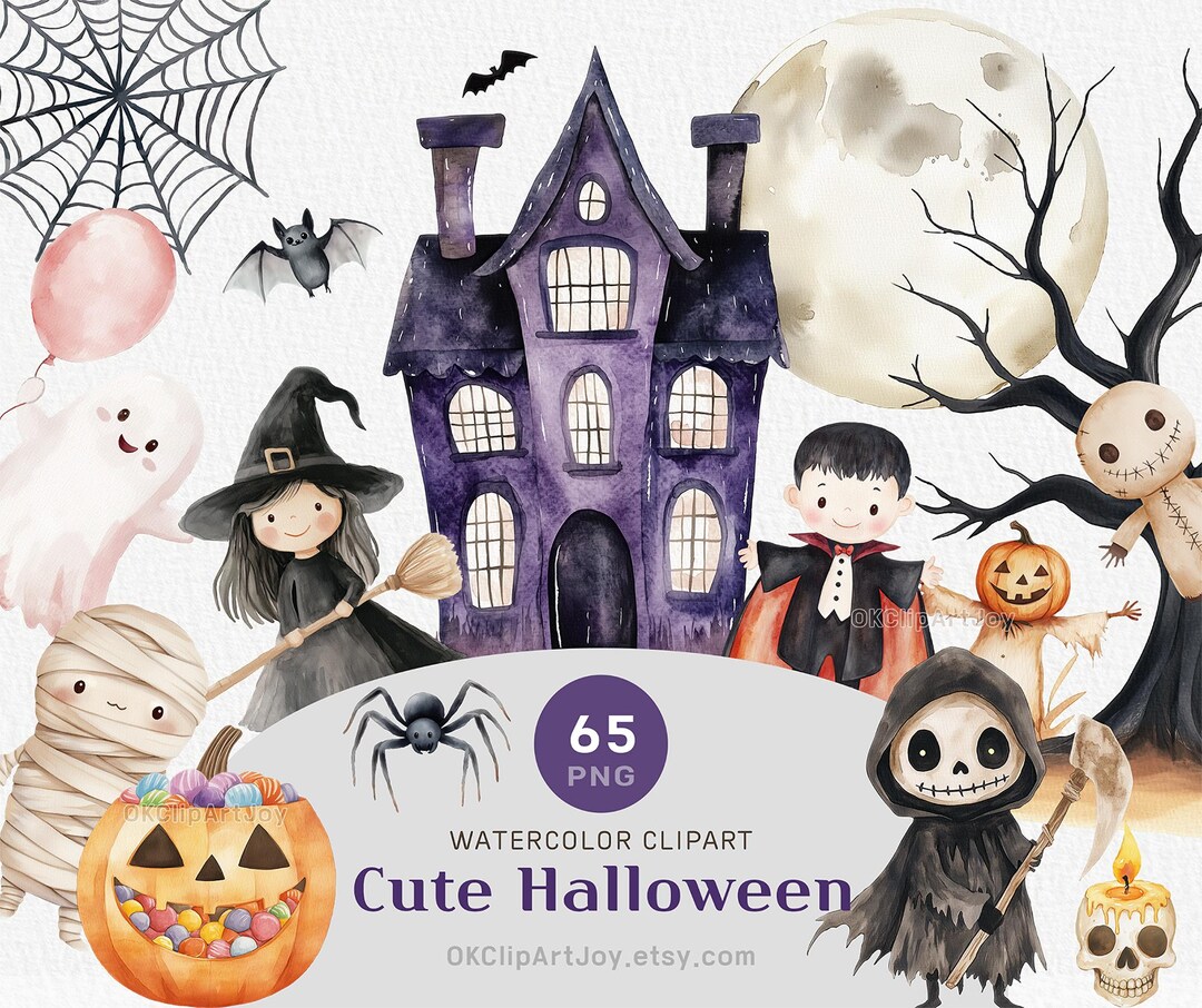 Watercolor Halloween Clipart Bundle: Ghost, Witch, Pumpkin (PNG ...