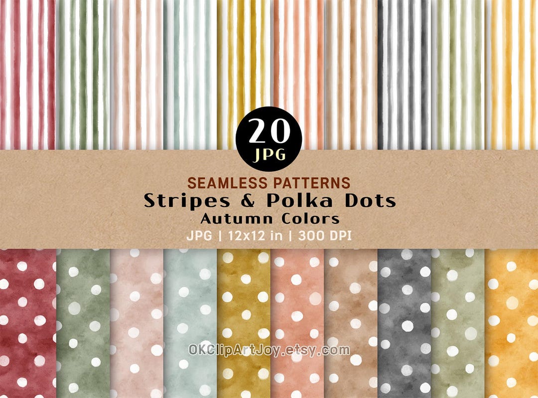 Autumn Digital Paper Pack – Stripes & Polka Dots Seamless Watercolor ...