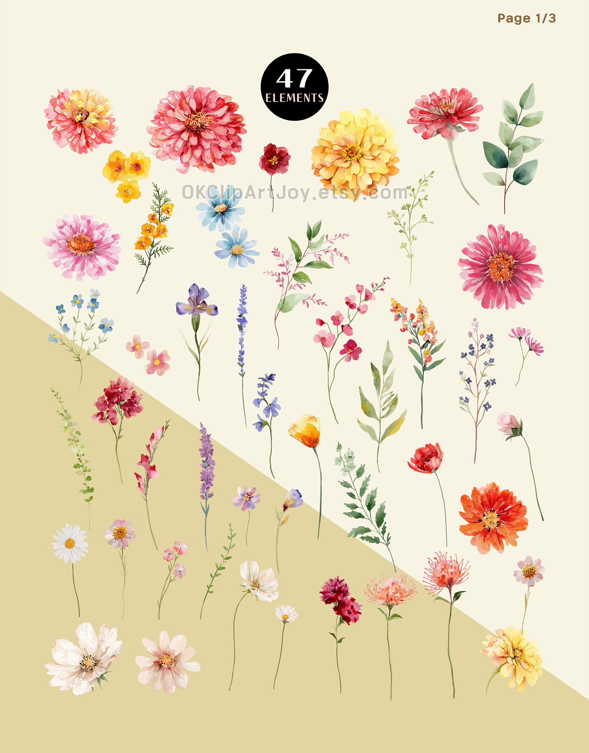 Watercolor Wildflower Clipart: Bright Floral PNG Elements (digital ...
