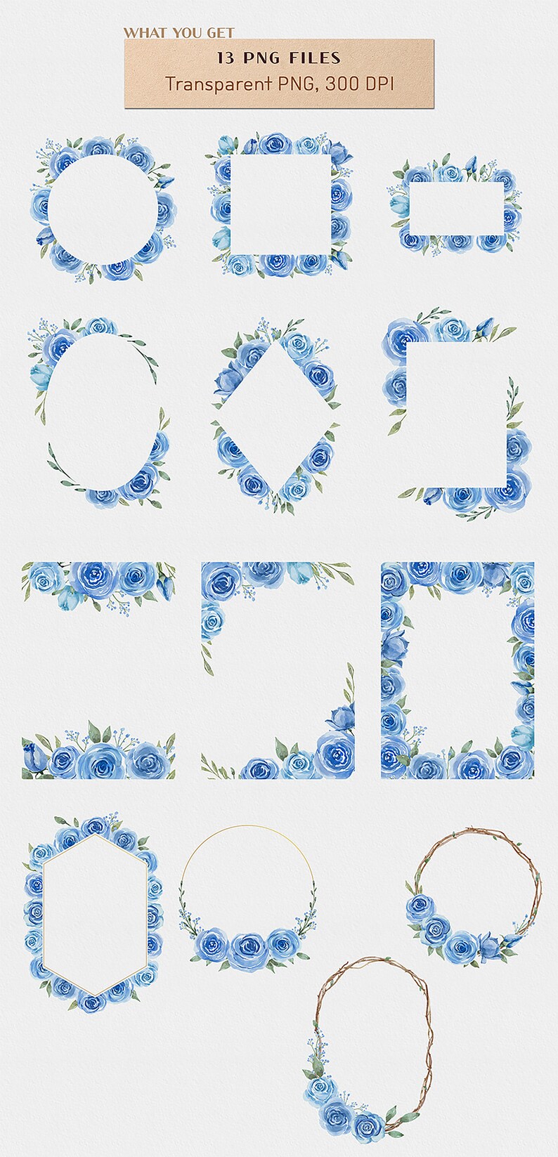 Floral Frames Blue Watercolor Floral Clipart Frames Borders Round ...